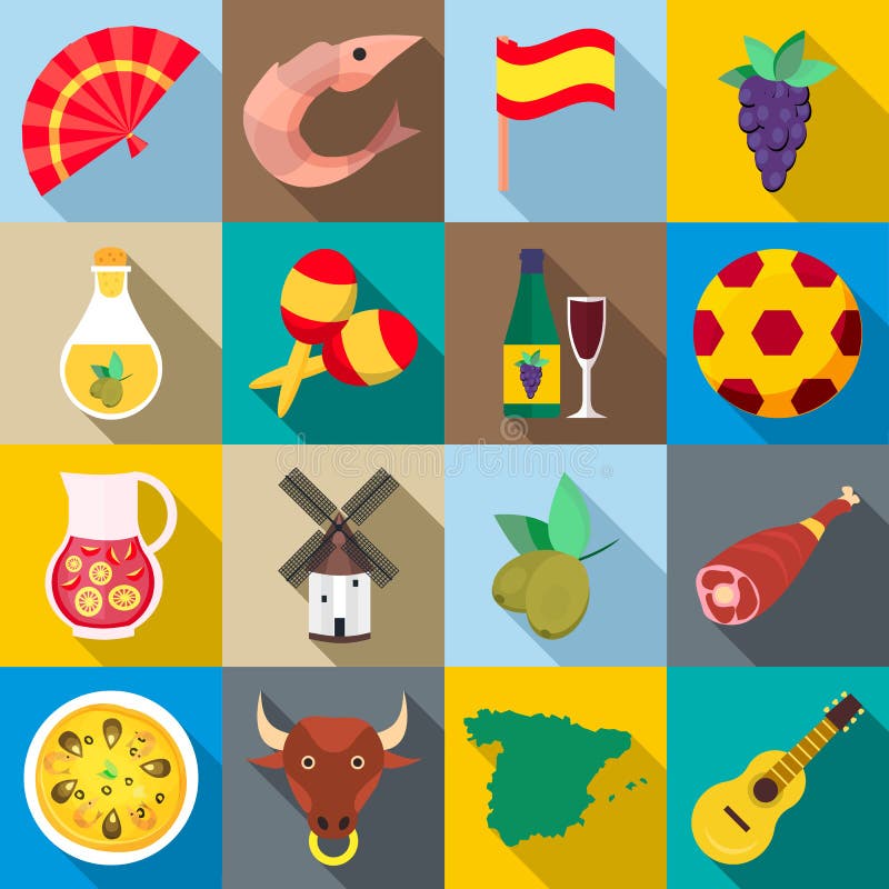 Spain Icons Set, Flat Style Stock Vector - Illustration of abanico ...