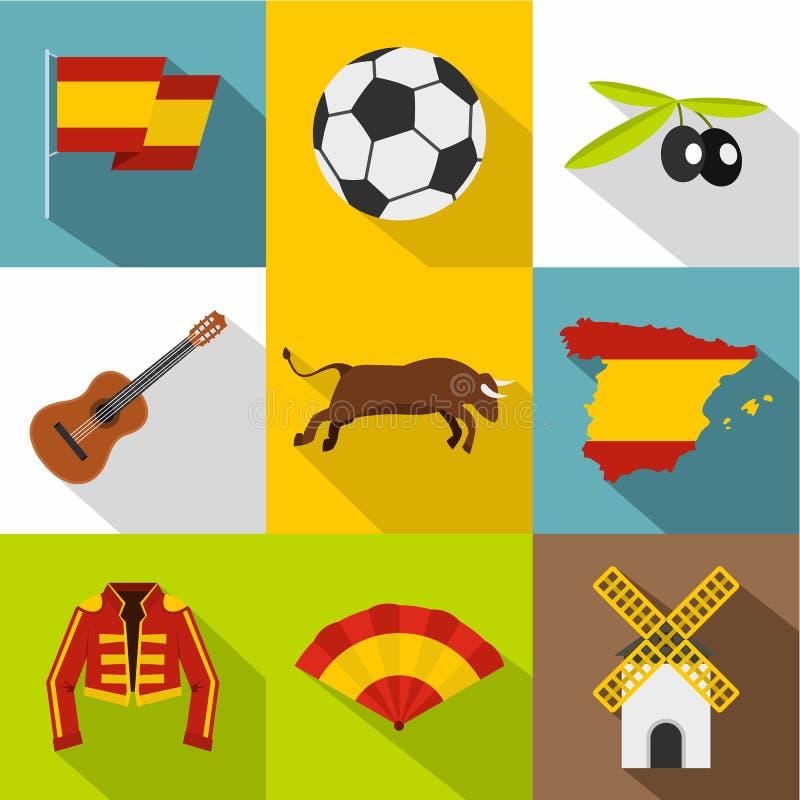 Spain Icons Set, Flat Style Stock Vector - Illustration of object ...