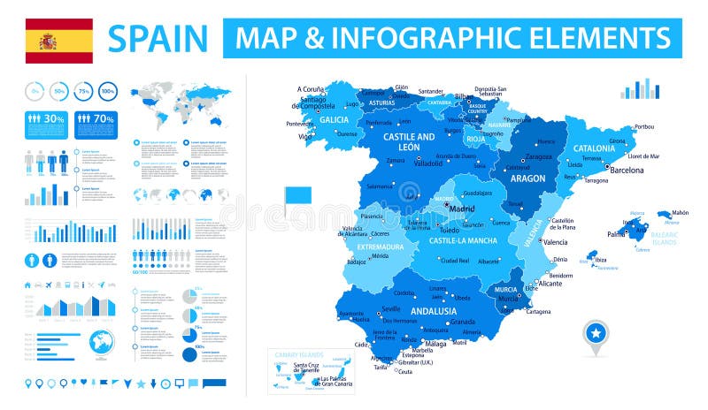 Spain Infographic Map with Data Visualization Elements - Vector Map of ...