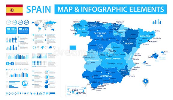 Spain Infographic Map with Data Visualization Elements - Vector Map of ...