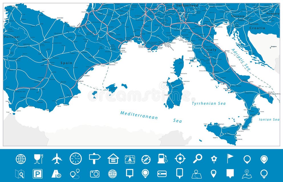 Spain and Italy Map and Map Navigation Set Stock Vector - Illustration ...