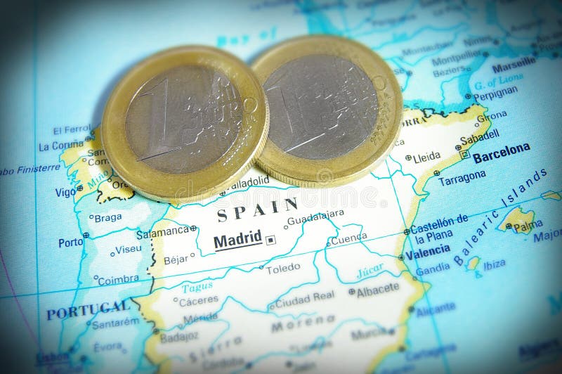 Spain map and Euro coins stock image. Image of economic - 24650651