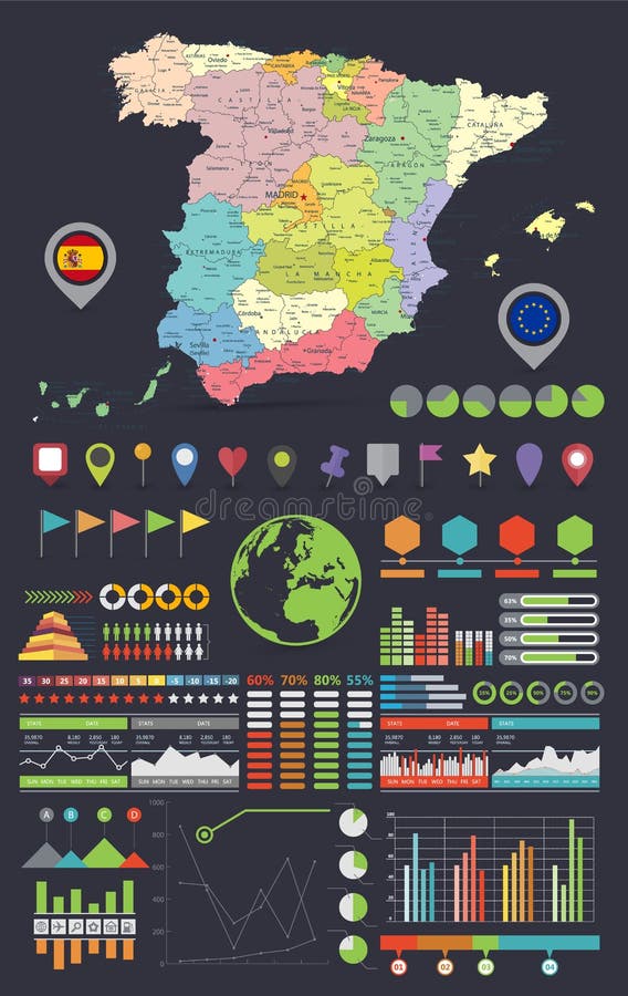 Spain Map and Infographics Design Elements. on Black Stock Vector ...
