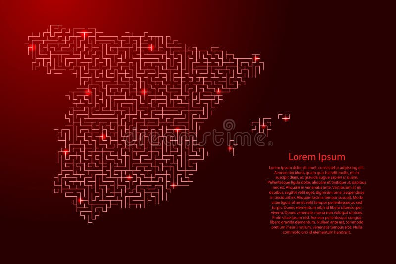 Spain Map from Red Pattern of the Maze Grid and Glowing Space Stars ...
