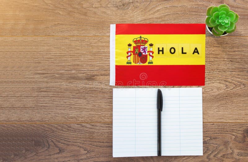 Spain National Flag, Notebook, Inscription Hello in Spanish, on the ...