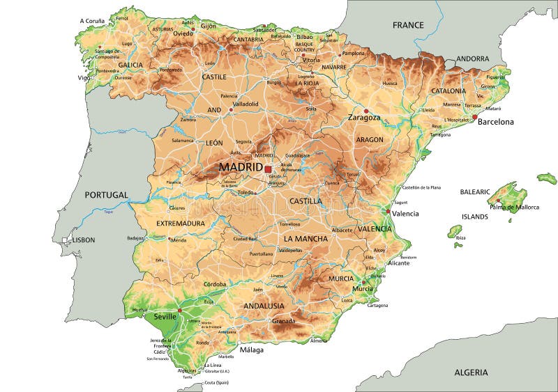 High Detailed Spain Physical Map with Labeling. Stock Vector ...