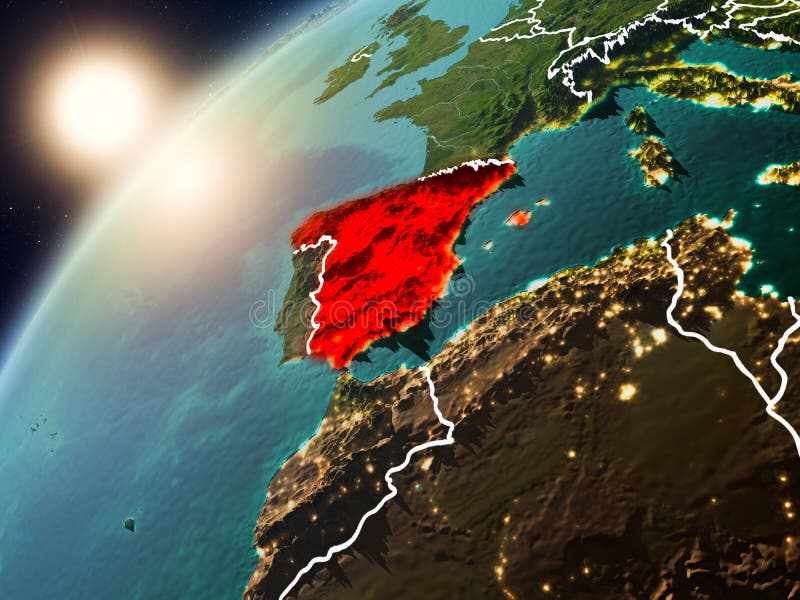 Spain on Planet Earth in Sunset Stock Illustration - Illustration of ...