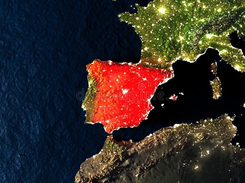 Spain in Red from Space at Night Stock Illustration - Illustration of ...