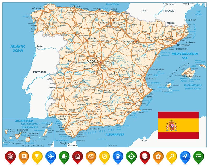 Spain Road Map and Colored Map Pointers Stock Vector - Illustration of ...