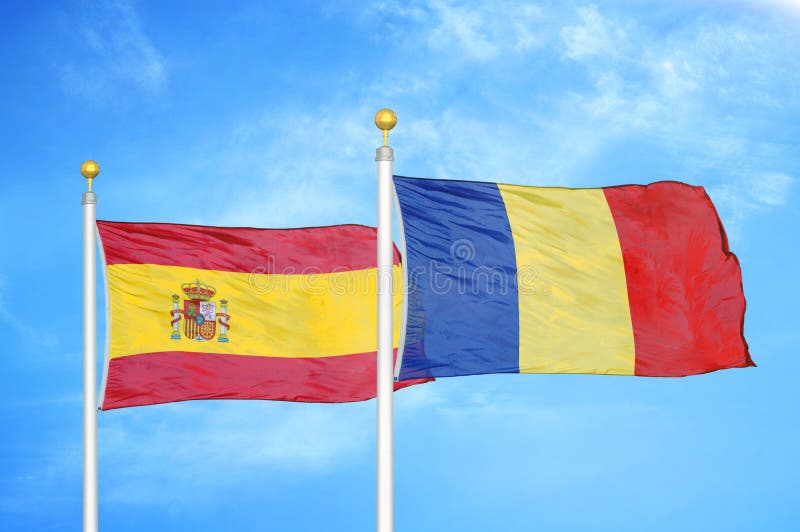 Flags of Spain and Romania stock image. Image of empty - 118990929