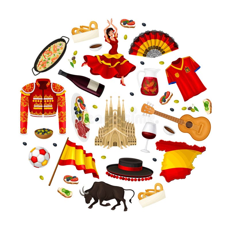 Spain Round Composition Design with Traditional Symbol and Object ...