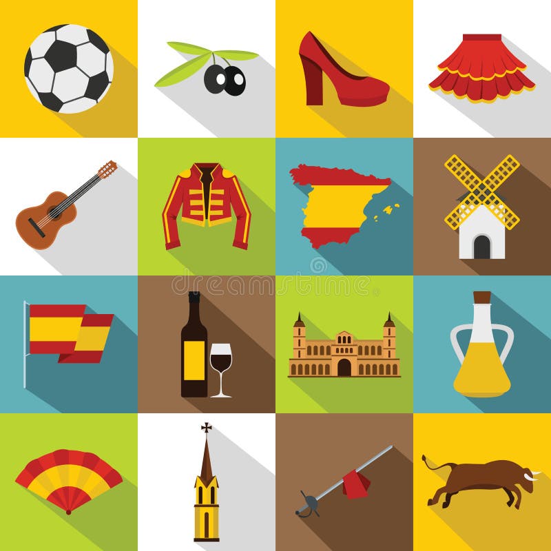 Spain Travel Icons Set, Flat Style Stock Vector - Illustration of ...