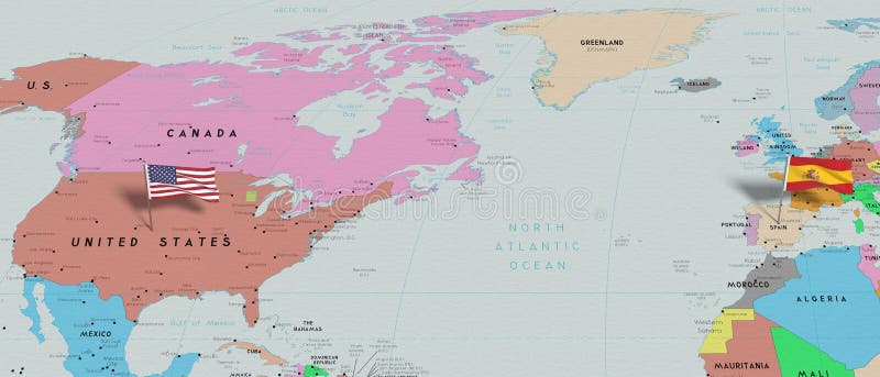 Spain and USA - Pin Flags on Political Map Stock Illustration ...
