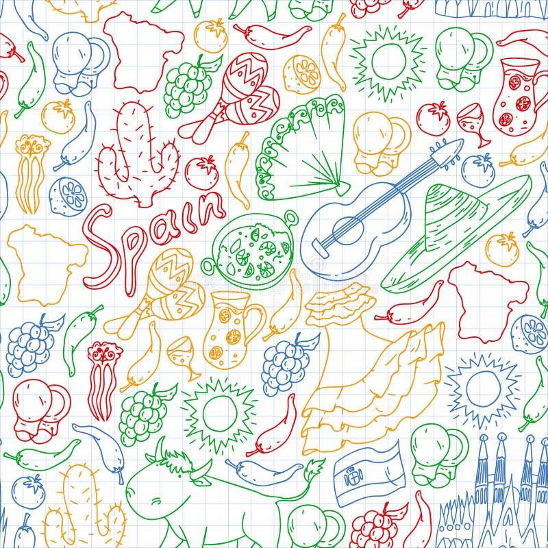Spain Vector Pattern. Spanish Traditional Symbols and Objects. Stock ...