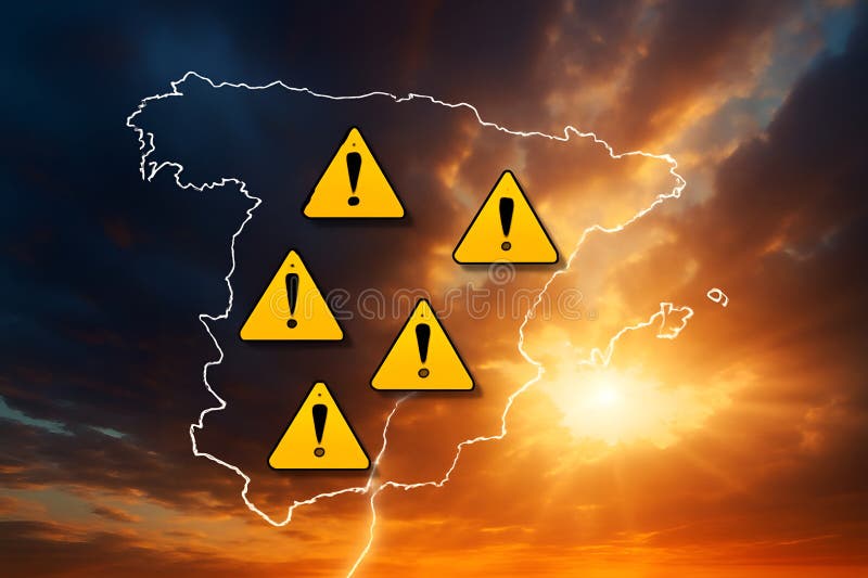 Spain Weather Warning Map with Alert Signs and Dramatic Sky during ...
