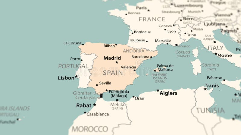 Spain on the world map stock image. Image of direction - 304481435