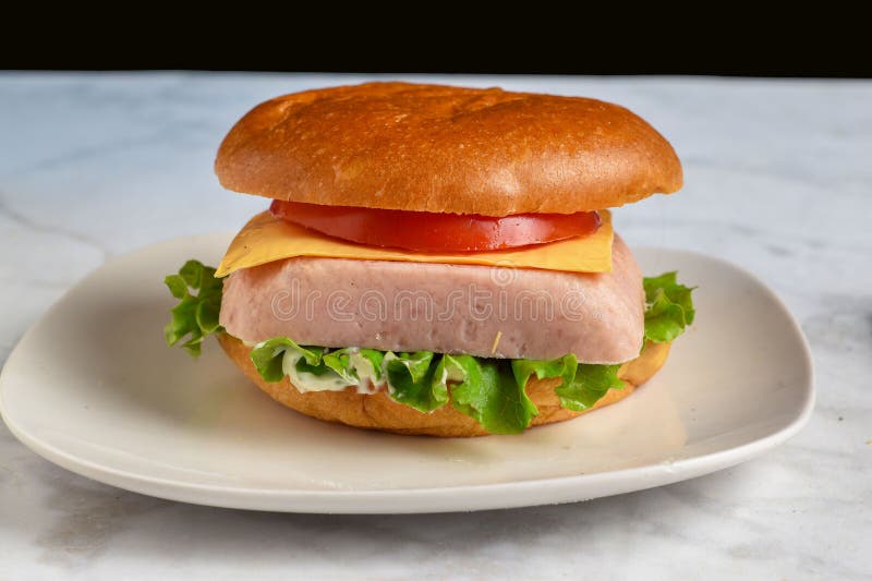 Spam Burger Top with Cheese and Tomato Stock Photo - Image of food ...