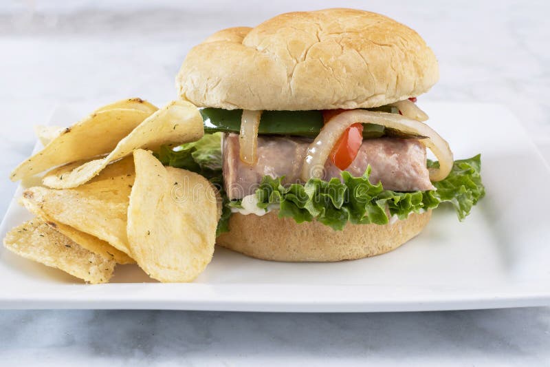 Spam Burger Top with Peppers and Onions Stock Photo - Image of roll ...