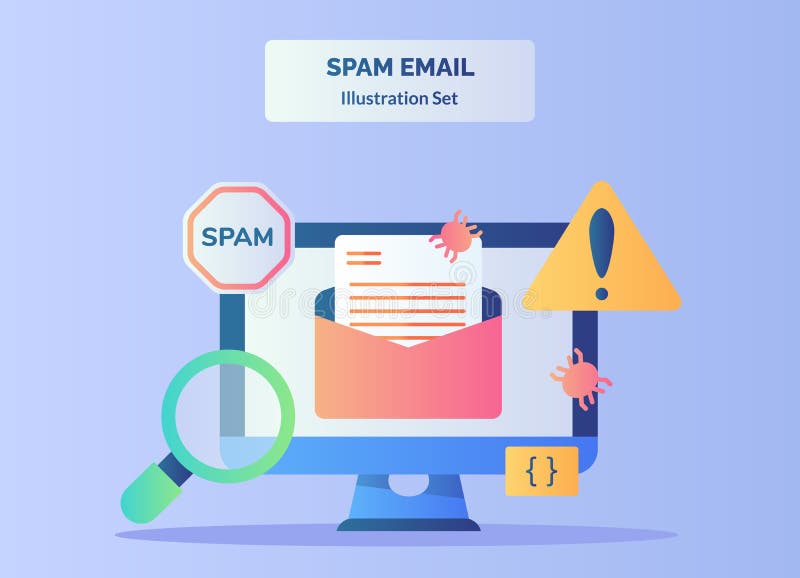 Spam Email Illustration Set Warning Sign Magnifying Bug Email on ...