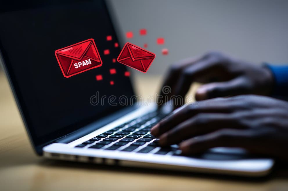 With Spam Email Notifications, I am Typing by Hand on a Laptop. Stock ...