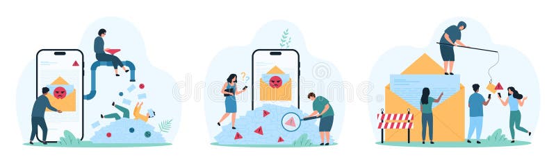 Spam Notifications Overload Set, Tiny People with Magnifying Glass ...