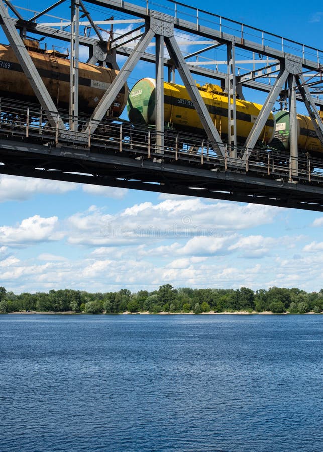 The Span of the Railroad Bridge with Freight Train on it Stock Photo ...