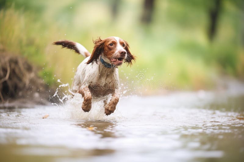 Spaniel Running through Shallow Brook, Water Spraying Stock Image ...