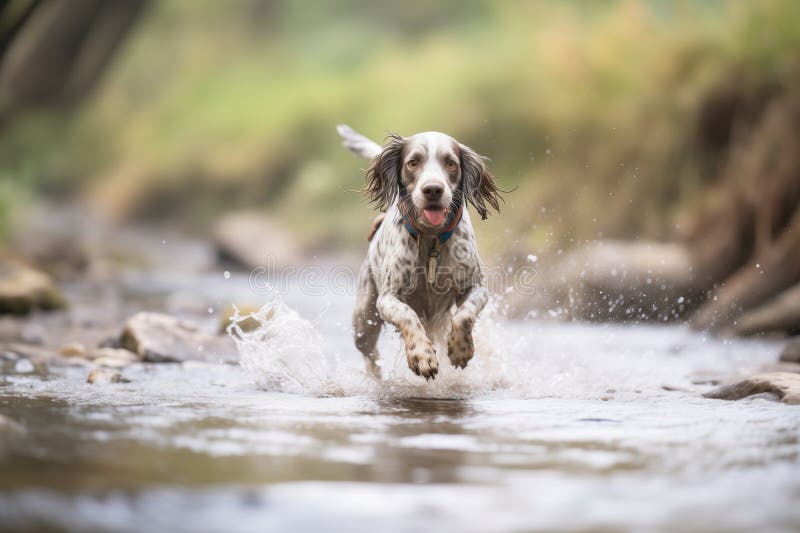 Spaniel Running through Shallow Brook, Water Spraying Stock ...