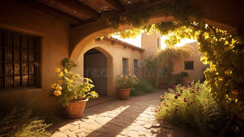 Spanish Adobe Style Courtyard Garden Entry Stock Illustration ...