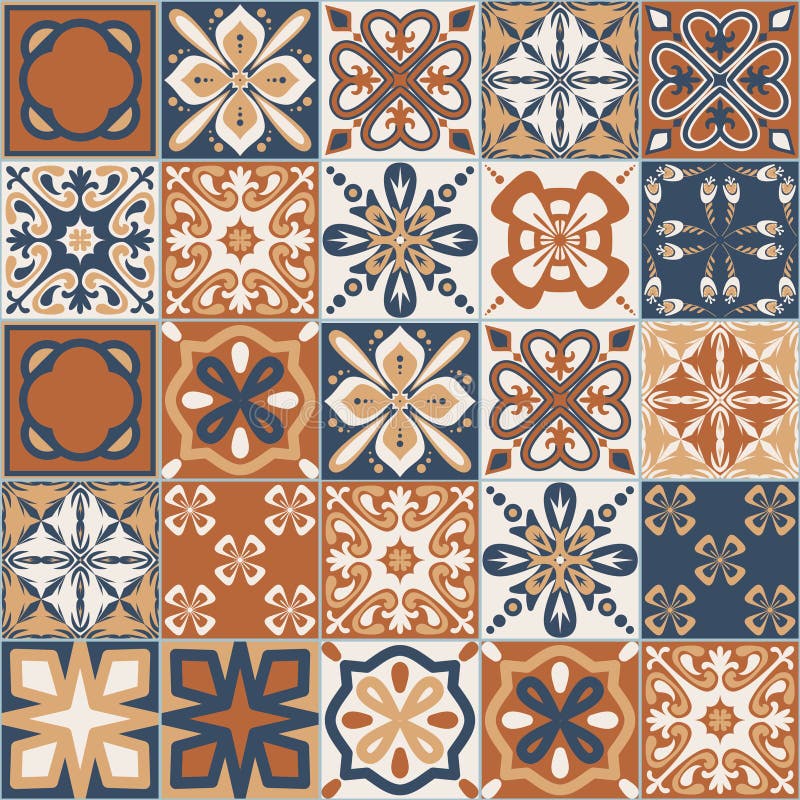 Spanish Azulejo Style Brown Beige Blue Square Imitation of Ceramic ...