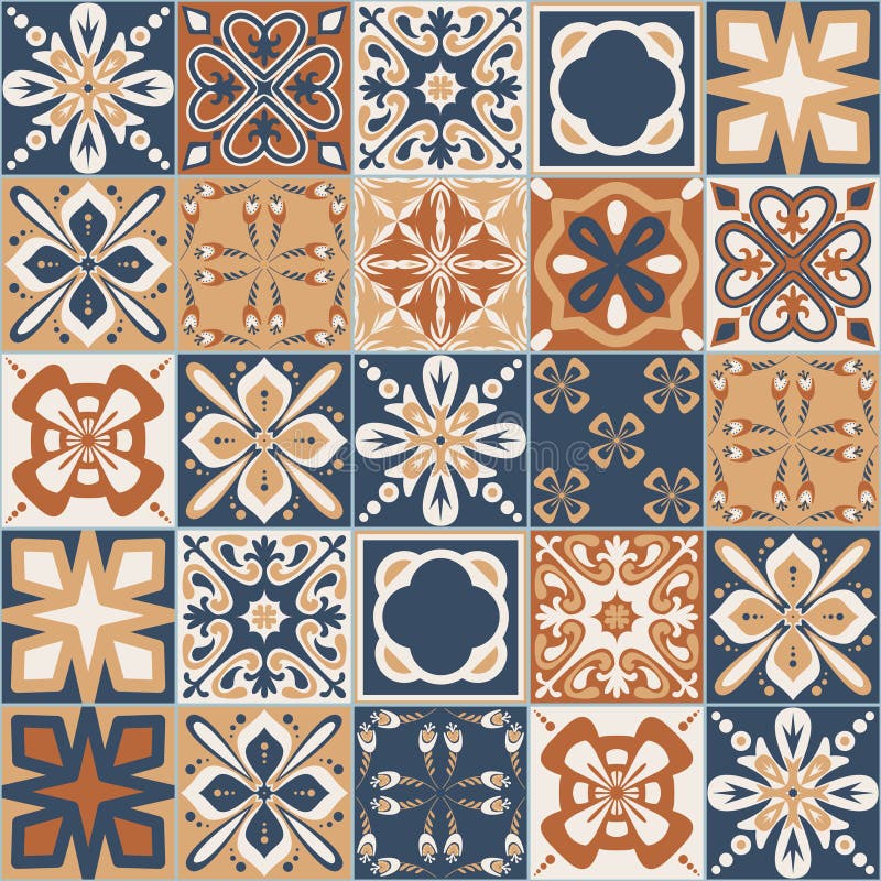 Spanish Azulejo Style Seamless Pattern, Brown Beige Blue Ceramic Tiles ...