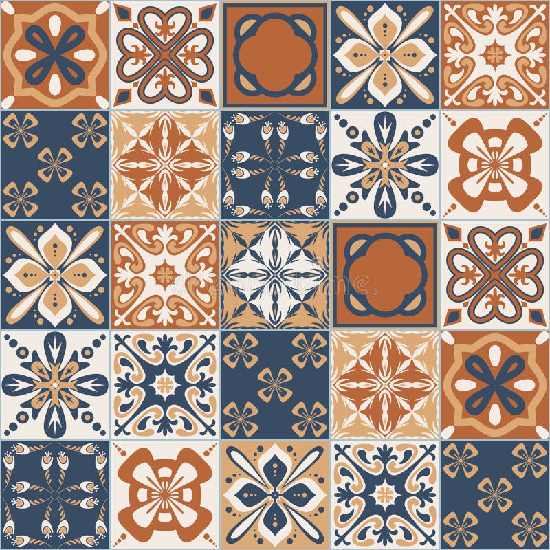 Spanish Azulejo Style Seamless Pattern, Brown Beige Blue Square Vector ...