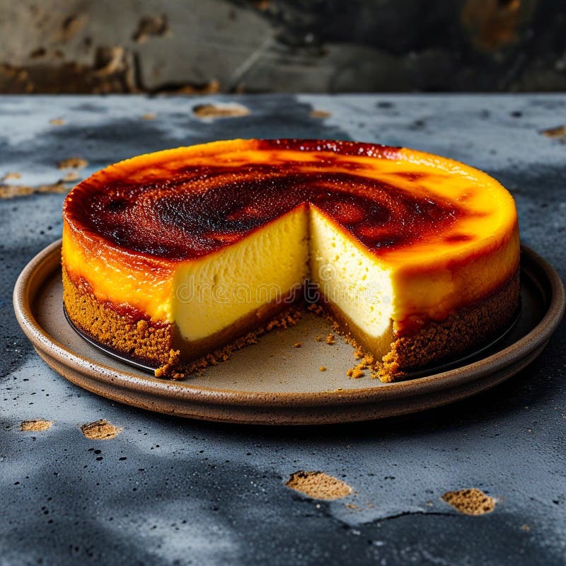 Spanish Basque Burnt Cheesecake in Brown Ceramic Plate on Dark Concrete ...