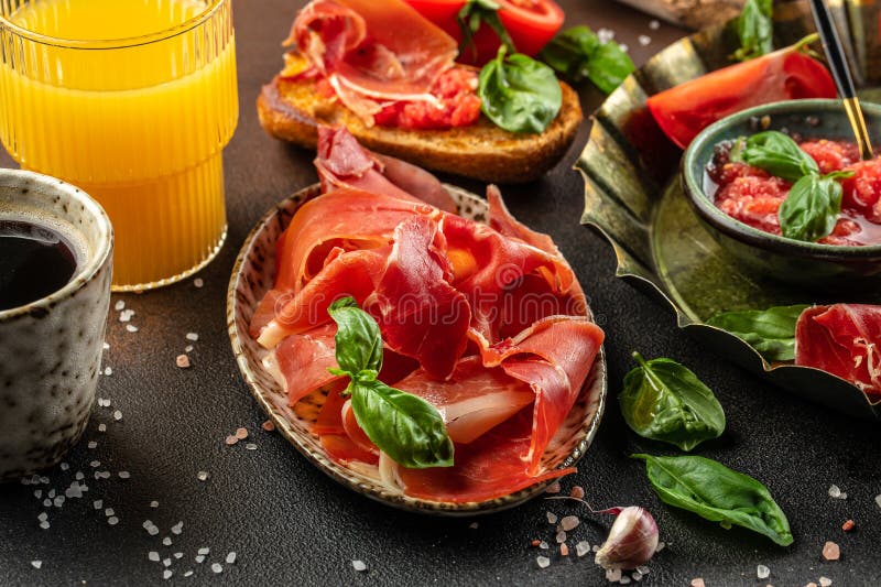 Spanish Breakfast. Tostada with Ripe Tomato and Ham Jamon with Coffee ...