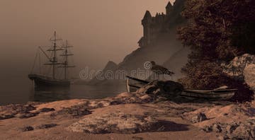 Spanish Brig and Castle stock illustration. Illustration of ocean ...