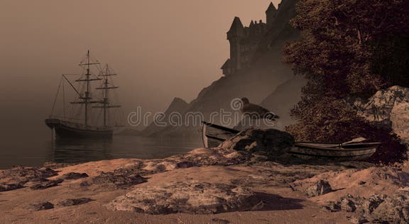 Spanish Brig and Castle stock illustration. Illustration of ocean ...