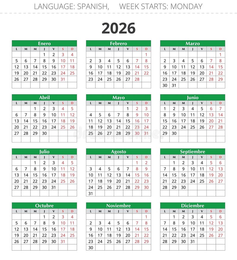 2026 Spanish Calendar. Year Calendario. Vector Illustration for Spain ...