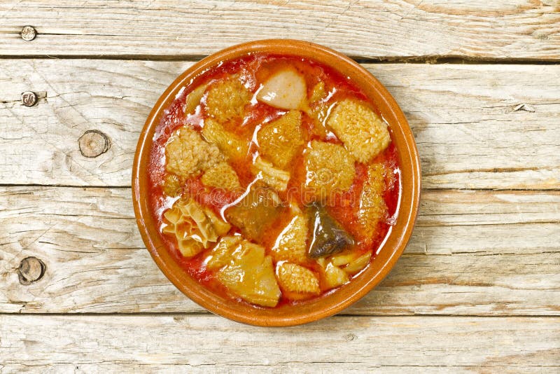 Spanish Callos in an Earthenware Dish on a Wooden Table Stock Photo ...