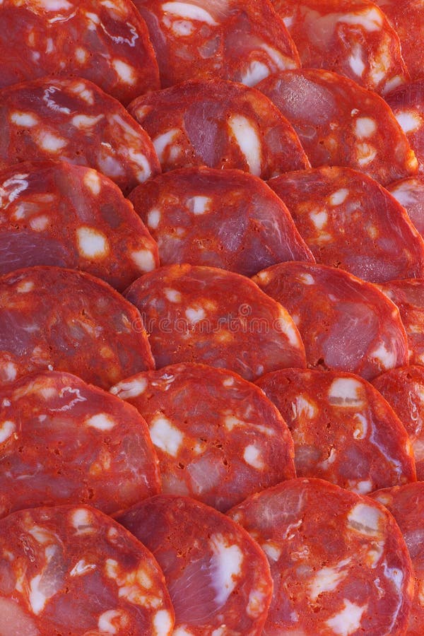 Spanish Chorizo Sausage Pieces Background Stock Photo - Image of beef ...