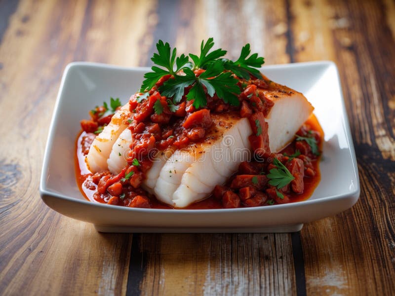 Spanish Cod Fish Cooked with.tomato and Chorizo Sauce in White Square ...