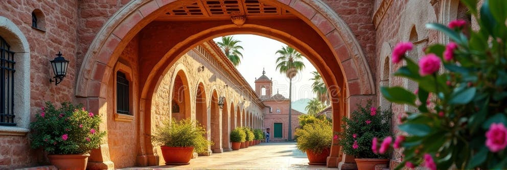 Spanish Colonial Style Courtyard with Arched Pathway and Potted Flowers ...
