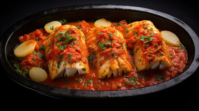 Spanish Cuisine, Bacalao a La Vizcaina, Basque Style Cod Stock ...