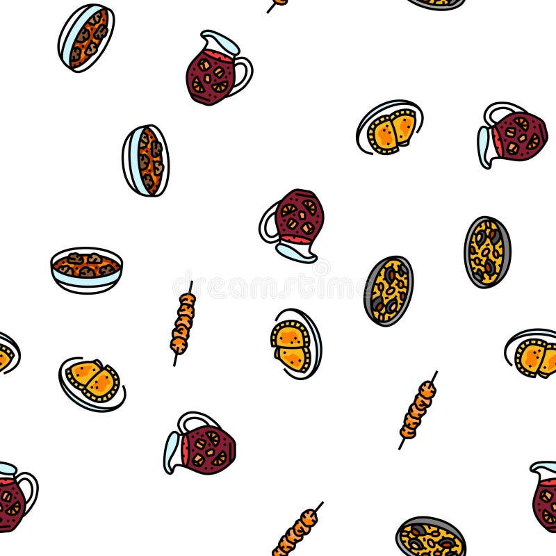 Spanish Cuisine Food Paella Tapas Seamless Pattern Vector Stock ...
