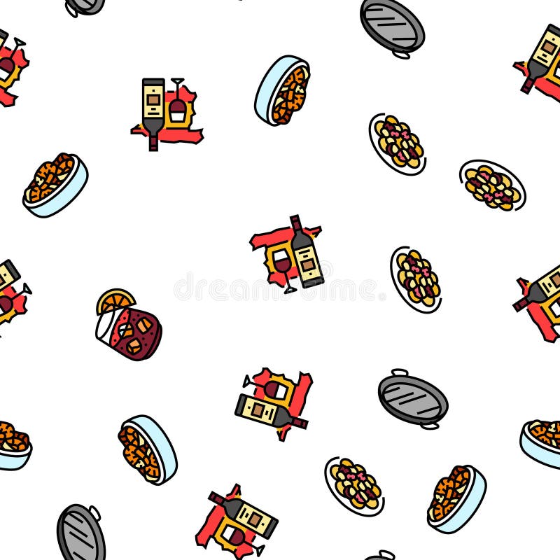 Spanish Cuisine Food Paella Tapas Seamless Pattern Vector Stock ...