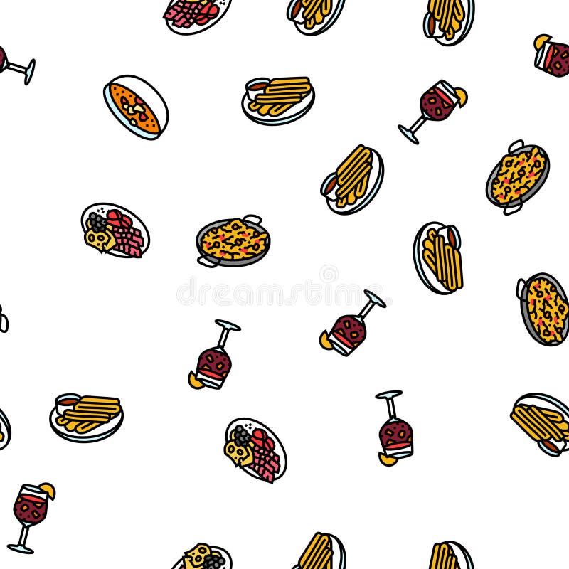 Spanish Cuisine Food Paella Tapas Seamless Pattern Vector Stock ...