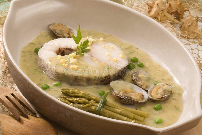 Spanish Cuisine. Hake Basque Style Stock Image - Image of hake, basque ...