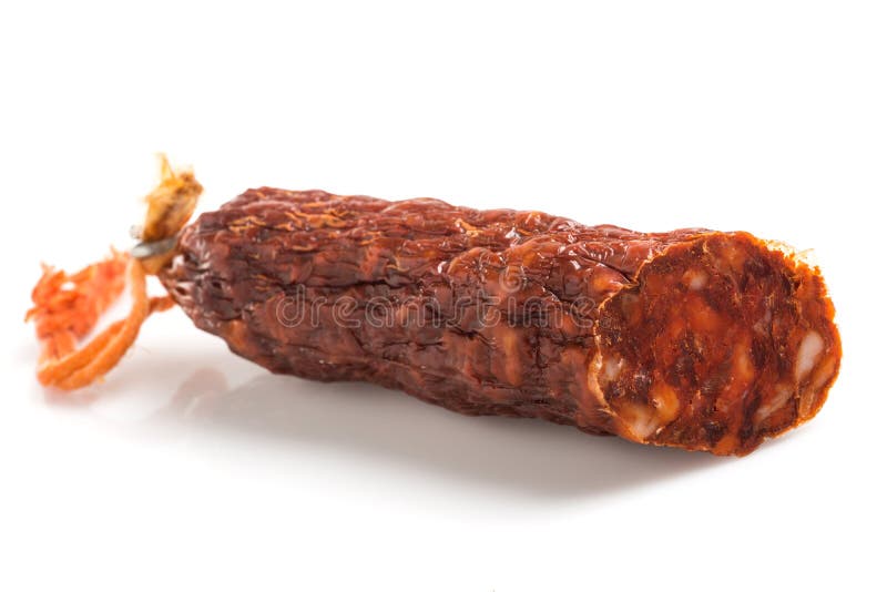 Dry Cured Chorizo Sausage on White Background, Topview Stock Photo ...