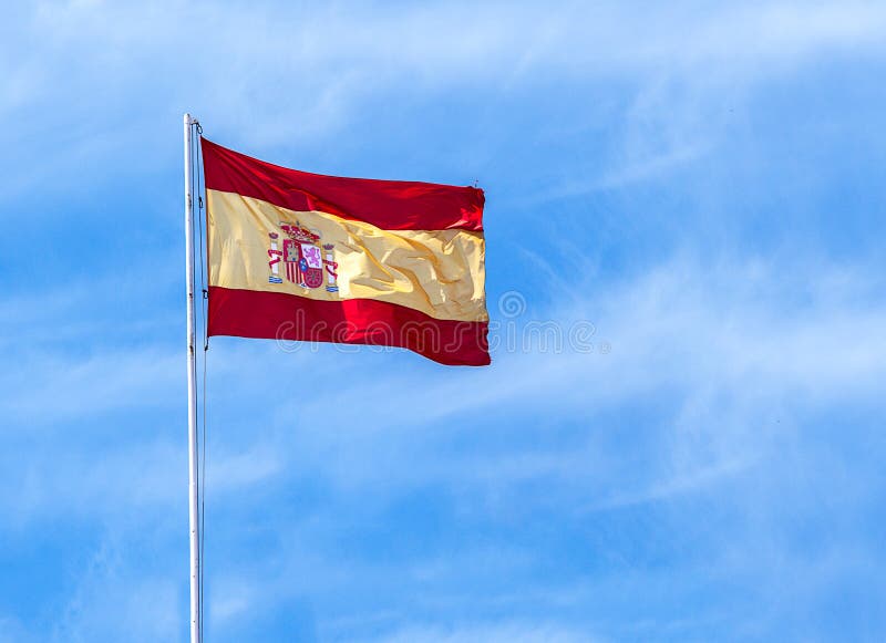 Spanish Flag on Blue Sky Background Stock Photo - Image of european ...