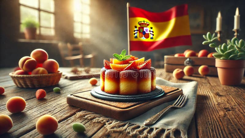 Spanish Flan on Rustic Table with Blurred Spanish Flag Background Stock ...