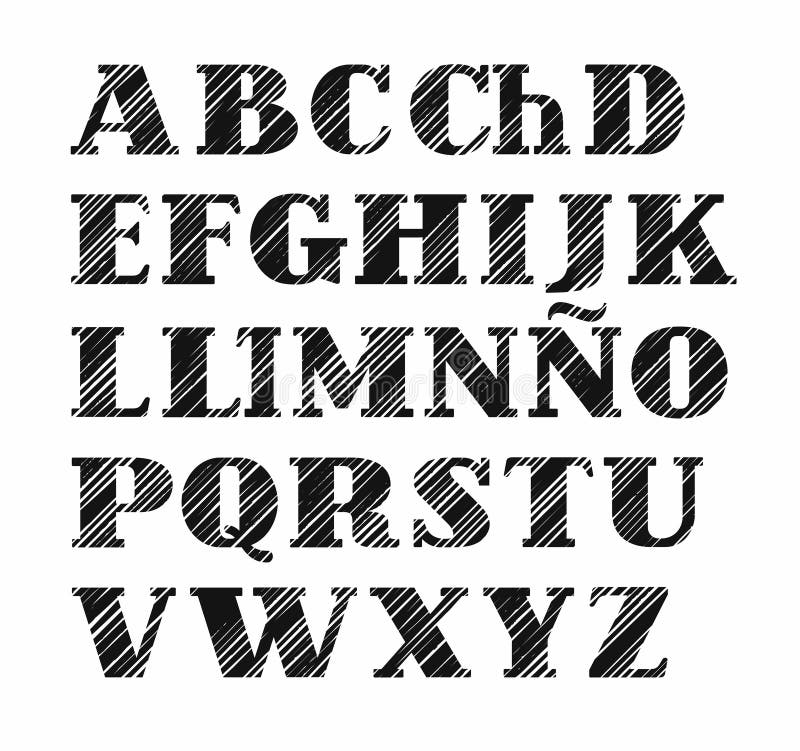 Spanish Font, Diagonal Striped Pattern, Black, White Background, Vector ...